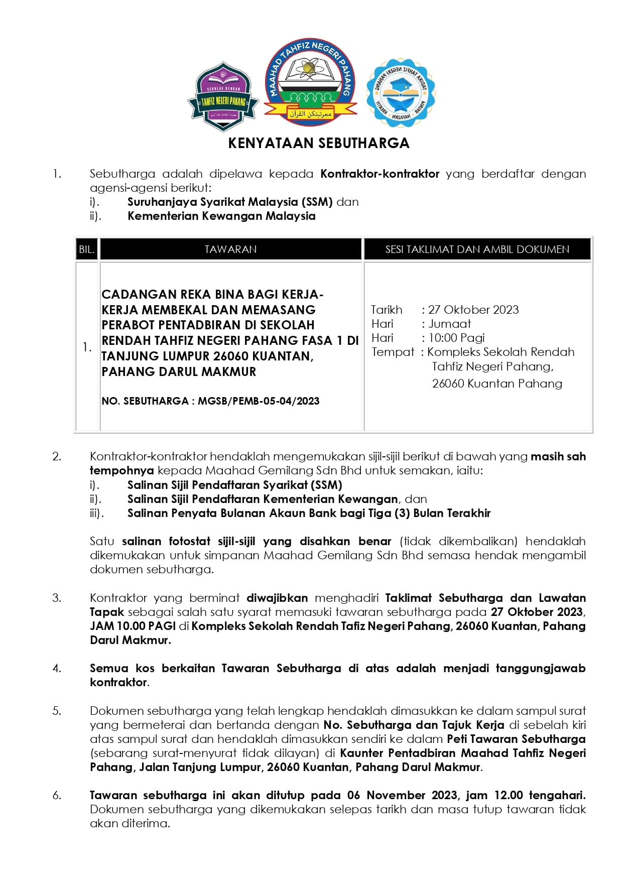 Tawaran Sebutharga - Maahad Tahfiz Negeri Pahang